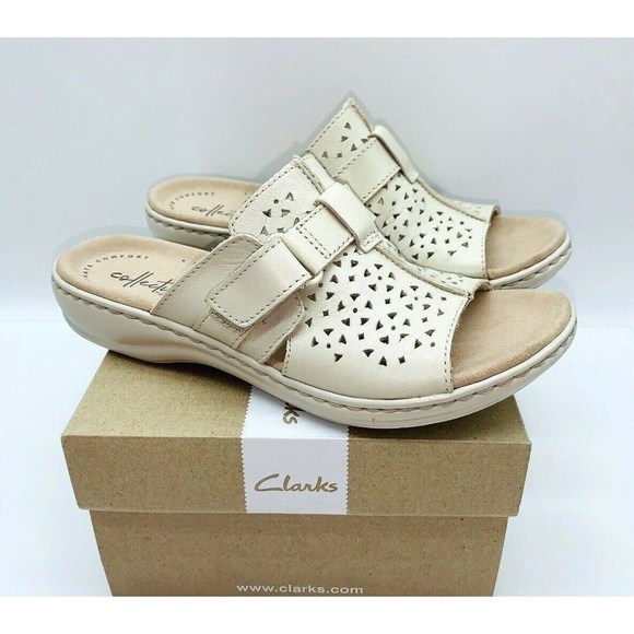Clarks | Shoes | Clarks Womens Leisa Fox Leather Slide Sandals Ivory ...